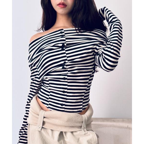 ZOZO問い合わせ番号:103470036ショップ:Auntie Rosa，アンティローザブランド:Y2K SYNAPSE FACTORY，ワイツーケー シナプスファクトリー商品名:【2way】フロントボタン オフショルボーダーカットソーカ...