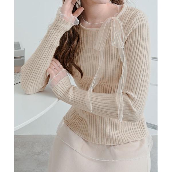『タイムセール実施中』ZOZO問い合わせ番号:103508311ショップ:Ada.，エイダブランド:kirakiraShop，キラキラショップ商品名:チュールリボン リブ フレアスリーブ ニット トップスカテゴリ:トップス>ニット/セ...