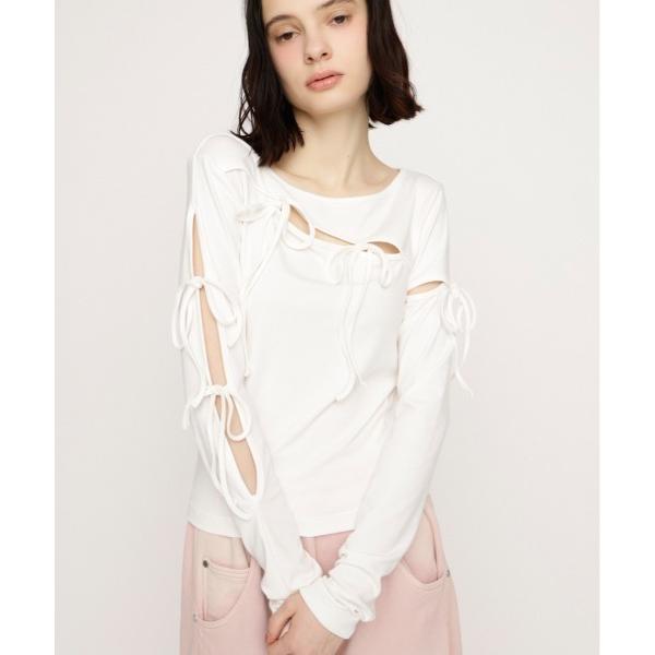ZOZO問い合わせ番号:103585536ショップ:SLY，スライブランド:SLY，スライ商品名:CUT OUT RIBBON TOPS カットアウトリボントップス 春服カテゴリ:トップス>Tシャツ/カットソーブランド品番:030JS...