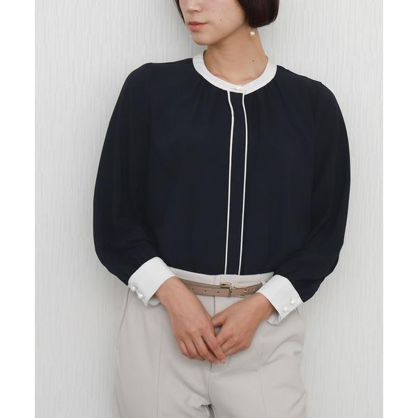 『タイムセール実施中』ZOZO問い合わせ番号:103628552ショップ:libelle more，リベル モアブランド:libelle more，リベル モア商品名:スタンドカラー配色ブラウス【防汚加工／イージーケア／透けにくい／ラクケア...