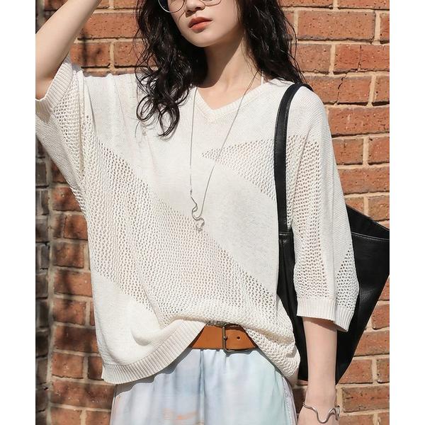 『タイムセール実施中』ZOZO問い合わせ番号:103665118ショップ:antiqua，アンティカブランド:antiqua，アンティカ商品名:ドルマン Vネック メッシュ ニットカテゴリ:トップス>ニット/セーターブランド品番:PN...