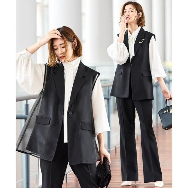 ZOZO問い合わせ番号:103668018ショップ:RUIRUE BOUTIQUE，ルイルエブティックブランド:RUIRUE BOUTIQUE，ルイルエブティック商品名:ストレッチ ｜ オーガンジー 付き テーラード ジレ ＆ フレアパンツ...