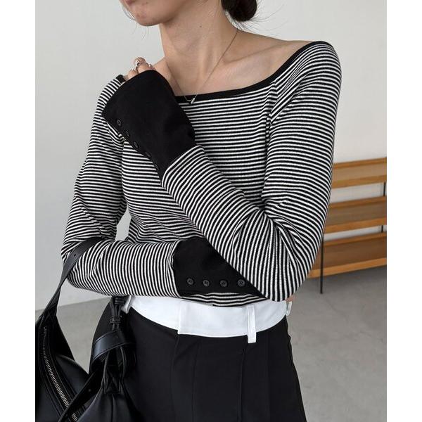 ZOZO問い合わせ番号:103817562ショップ:CAPRICIEUX LE'MAGE，カプリシュレマージュブランド:CAPRICIEUX LE'MAGE，カプリシューレマージュ商品名:ボーダー袖ボタンロンTカテゴリ:トップス>Tシ...