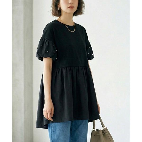 『タイムセール実施中』ZOZO問い合わせ番号:104093128ショップ:Ada.，エイダブランド:Belta attrice，ベルタアトリーチェ商品名:パールボタン バルーン袖 ペプラムチュニックブラウス / 異素材ドッキング きれいめカ...