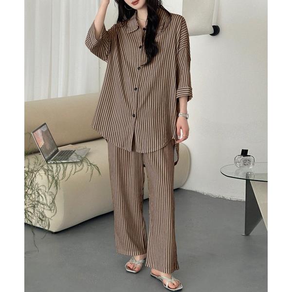 『タイムセール実施中』ZOZO問い合わせ番号:104094776ショップ:TeddyShop，テディショップブランド:DAY CLOSET，デイ クローゼット商品名:【セットアップ/こなれ見えワッシャー加工】7分袖 ストライプ柄 アシメラウ...