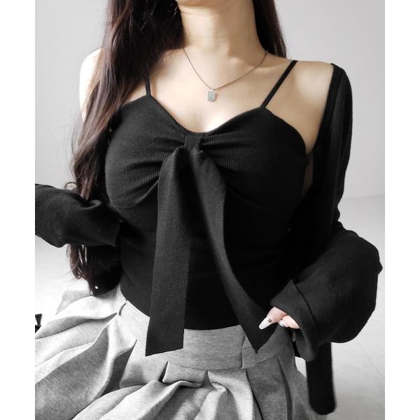 『タイムセール実施中』ZOZO問い合わせ番号:104095111ショップ:me+em select，ミームセレクトブランド:me+em select，ミームセレクト商品名:【 ２点セット 】リボンニットキャミソール ＋ カーディガンセット ...