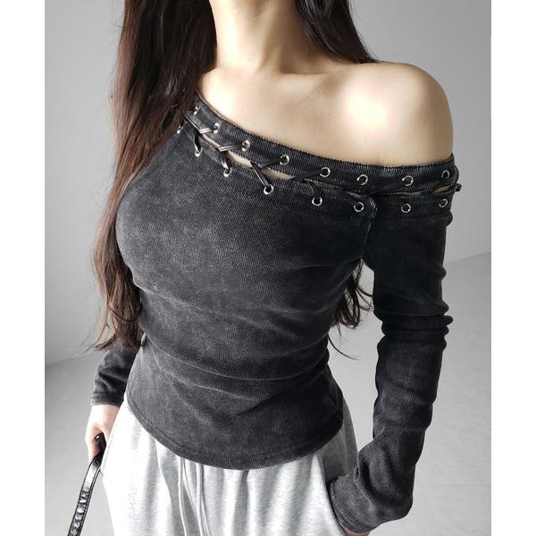 ZOZO問い合わせ番号:104095237ショップ:me+em select，ミームセレクトブランド:me+em select，ミームセレクト商品名:【 ２color 】ヴィンテージカットアウトレースアップワンショルリブトップス ／  vi...