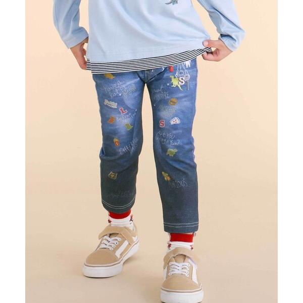 ZOZO問い合わせ番号:104132015ショップ:BEBE ONLINE STORE，ベベ オンラインストアブランド:SLAP SLIP，スラップスリップ商品名:デニム裏プリントミラノリブ8分丈パンツ(80~110cm)カテゴリ:パンツ&...