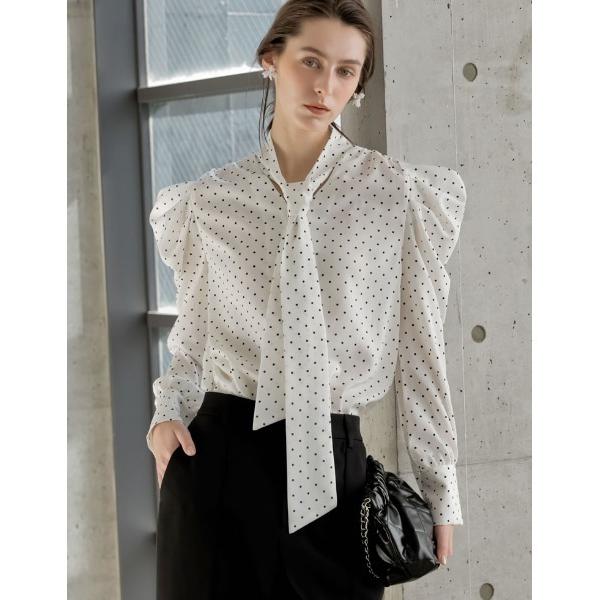 ZOZO問い合わせ番号:104134322ショップ:Re:EDIT，リエディブランド:Re:EDIT，リエディ商品名:[2026S/S COLLECTION][MEISM by Re:EDIT]無地orドットパワショルVネックボウタイブラウ...