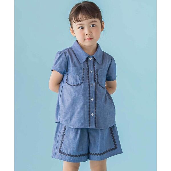 ZOZO問い合わせ番号:104406713ショップ:BEBE ONLINE STORE，ベベ オンラインストアブランド:BeBe Petits Pois Vert，ベベプチポワヴェール商品名:【店舗限定】ダンガリーブラウス＋ショートパンツセ...