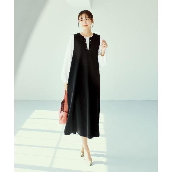 ZOZO問い合わせ番号:104448645ショップ:FELISSIMO，フェリシモブランド:IEDIT，イディット商品名:ＩＥＤＩＴ　ダンボールカットソー素材のパール調パーツ付きジャンスカとブラウスのコーディネートセット〈ブラック〉カテゴリ...