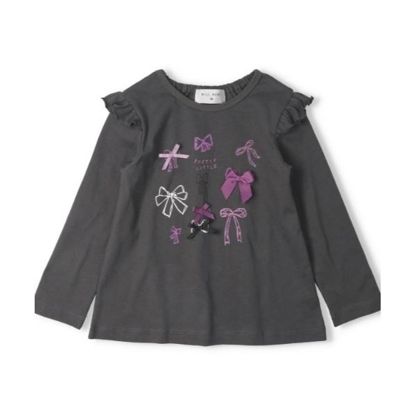 ZOZO問い合わせ番号:104490052ショップ:こどもの森e-shop，コドモノモリイーショップブランド:Will Mery，ウイルメリィ商品名:【WEB限定】リボン付プリント肩フリル長袖Tシャツカテゴリ:トップス>Tシャツ/カッ...