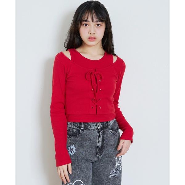 ZOZO問い合わせ番号:104563243ショップ:NARUMIYA ONLINE，ナルミヤ オンラインブランド:LOVETOXIC，ラブトキシック商品名:レースアップテレコ長袖シャツカテゴリ:トップス>Tシャツ/カットソーブランド品...