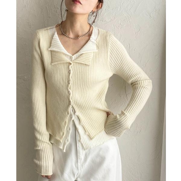 『タイムセール実施中』ZOZO問い合わせ番号:104639099ショップ:wears，ウェアーズブランド:She's Closet，シーズクローゼット商品名:バイカラー レイヤード風 配色 襟付き ボタン リブニットカーディガンカテゴリ:ト...