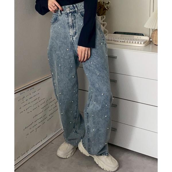 『タイムセール実施中』ZOZO問い合わせ番号:104641205ショップ:merrylatte，メリーラテブランド:merrylatte，メリーラテ商品名:パールスタッズ ヴィンテージ ストレートデニムカテゴリ:パンツ>デニムパンツブ...