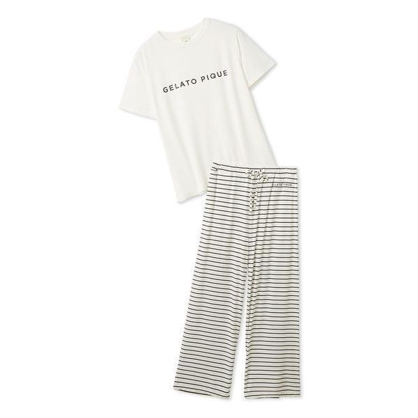 ZOZO問い合わせ番号:104677692ショップ:gelato pique，ジェラート　ピケブランド:gelato pique，ジェラートピケ商品名:レーヨンロゴTシャツ＆ボーダーロングパンツセットカテゴリ:ルームウェア>ルームウェ...