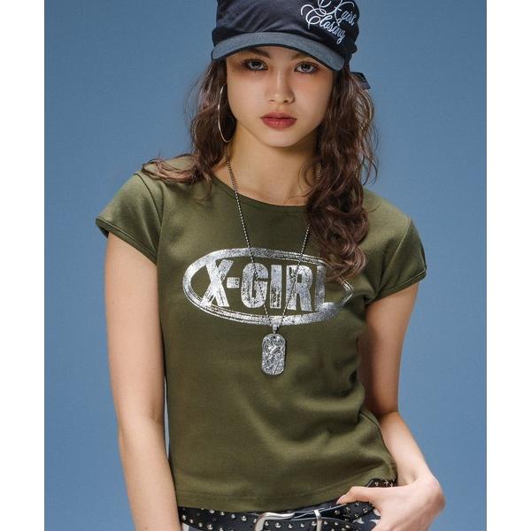 ZOZO問い合わせ番号:104683694ショップ:X-girl，エックスガールブランド:X-girl，エックスガール商品名:OVAL LOGO CRACKED FOIL PRINT S/S BABY TEEカテゴリ:トップス>Tシャ...