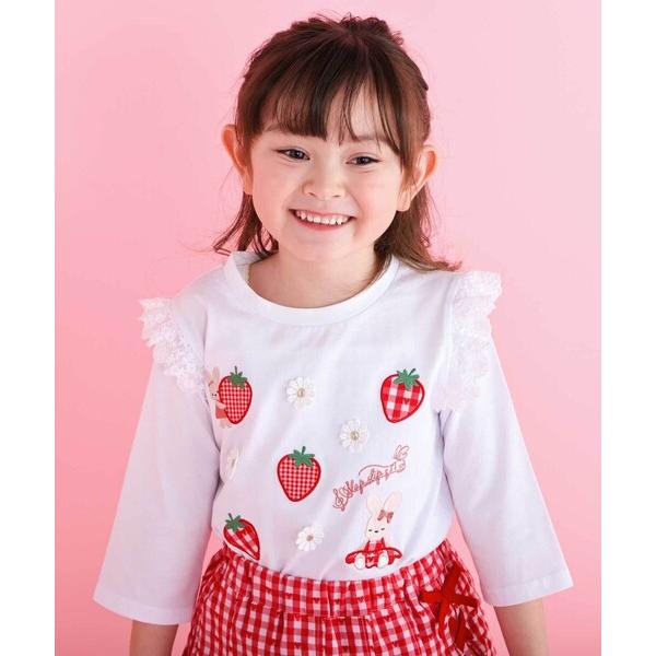 ZOZO問い合わせ番号:104685387ショップ:BEBE ONLINE STORE，ベベ オンラインストアブランド:SLAP SLIP，スラップスリップ商品名:イチゴ肩フリル7分丈天竺Ｔシャツ(80~130cm)カテゴリ:トップス&gt...
