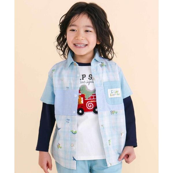 ZOZO問い合わせ番号:104685390ショップ:BEBE ONLINE STORE，ベベ オンラインストアブランド:SLAP SLIP，スラップスリップ商品名:チェックストライプシャンブレー切り替えシャツ(80~130cm)カテゴリ:ト...