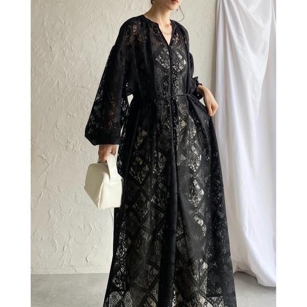 『タイムセール実施中』ZOZO問い合わせ番号:104916160ショップ:wears，ウェアーズブランド:She's Closet，シーズクローゼット商品名:クロシェ編み風 ボリュームスリーブ Vネックブロックレースロングワンピースカテゴリ...