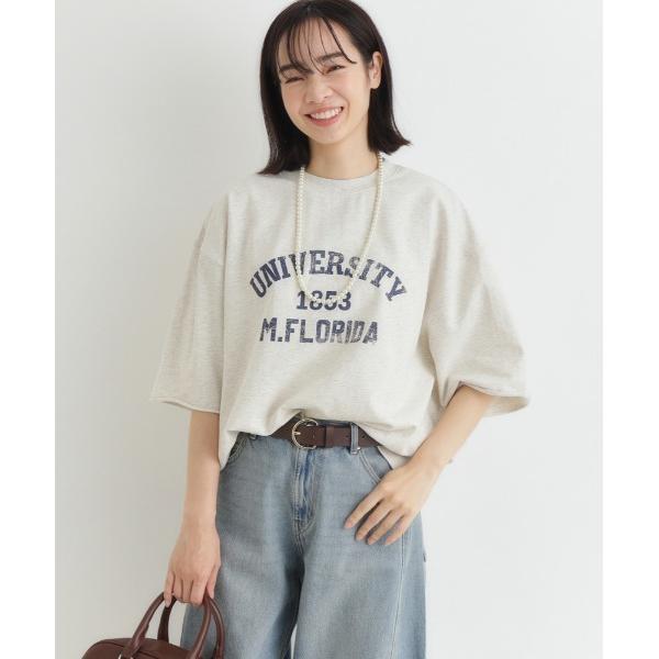 ZOZO問い合わせ番号:105037108ショップ:Right-on，ライトオンブランド:Right-on，ライトオン商品名:【HONEYSUCKLE ROSE】サマスウェ カレッジロゴ Tシャツ (カスレプリント / カットオフ袖 / ド...