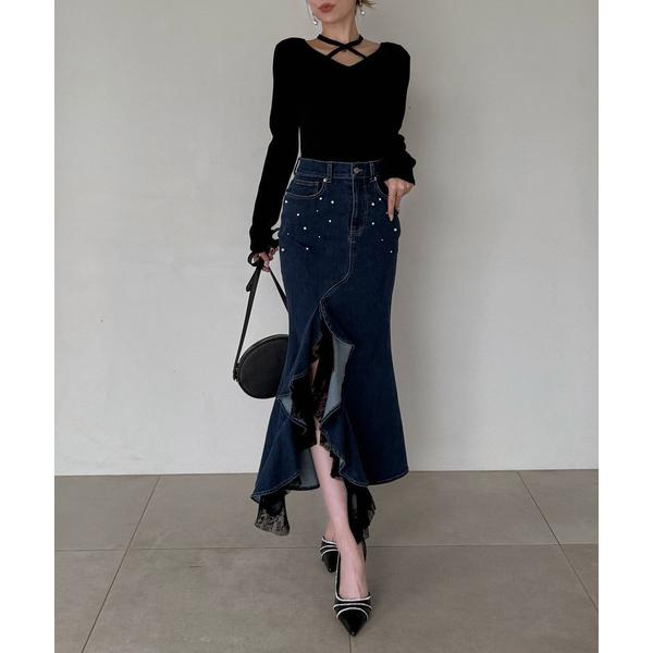 『タイムセール実施中』ZOZO問い合わせ番号:105151041ショップ:ROYAL PARTY，ロイヤルパーティーブランド:ROYAL PARTY，ロイヤルパーティー商品名:liberty デニムラッフルスリットスカートカテゴリ:スカート...