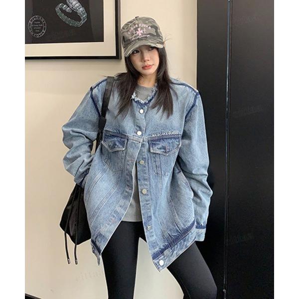 ZOZO問い合わせ番号:105189374ショップ:Dalfwin，ダールフィンブランド:Dalfwin，ダールフィン商品名:韓国ファッション RICECAKE襟切りっぱなしノーカラーデニムブルゾンカテゴリ:ジャケット/アウター>デニ...
