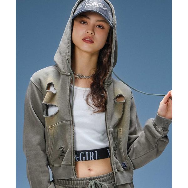 ZOZO問い合わせ番号:105189445ショップ:X-girl，エックスガールブランド:X-girl，エックスガール商品名:DISTRESSED ZIP UP SWEAT HOODIEカテゴリ:トップス>パーカーブランド品番:105...
