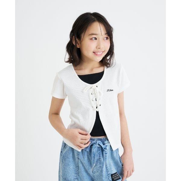 ZOZO問い合わせ番号:105252895ショップ:NARUMIYA ONLINE，ナルミヤ オンラインブランド:PINK-latte，ピンクラテ商品名:テレコレースアップ半袖トップスカテゴリ:トップス>Tシャツ/カットソーブランド品...