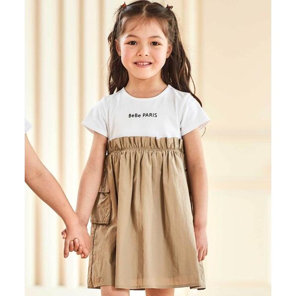 ZOZO問い合わせ番号:105269691ショップ:BEBE ONLINE STORE，ベベ オンラインストアブランド:BeBe，ベベ商品名:タフタ×天竺ギャザー切り替え半袖ワンピース(80~150cm)カテゴリ:ワンピース/ドレス>...