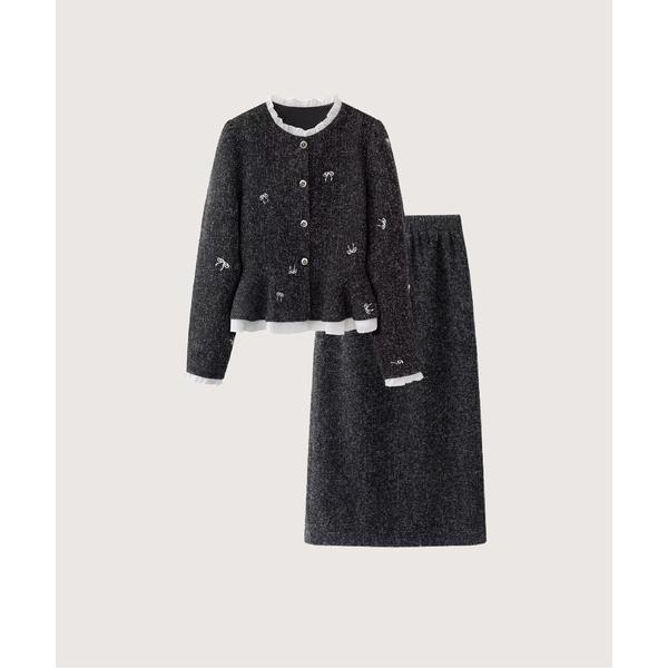 ZOZO問い合わせ番号:105272012ショップ:P L U M STORE，プラム ストアブランド:LA POMME petit，ラポミ・プチ商品名:Peplum Tweed Mesh Jacket Set Upカテゴリ:ジャケット/ア...