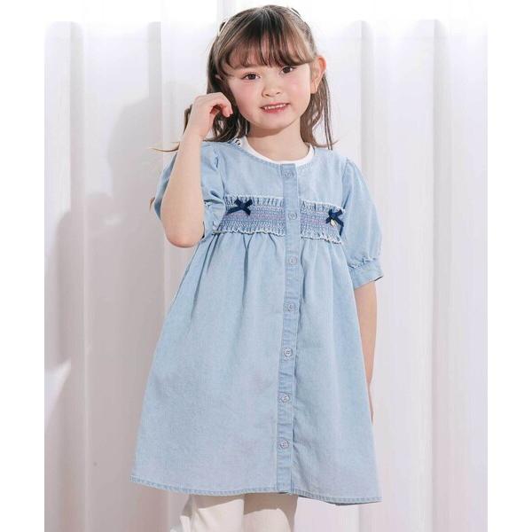 ZOZO問い合わせ番号:105311200ショップ:BEBE ONLINE STORE，ベベ オンラインストアブランド:SLAP SLIP，スラップスリップ商品名:スモッキング刺しゅう7分袖デニムワンピース(80~130cm)カテゴリ:ワン...