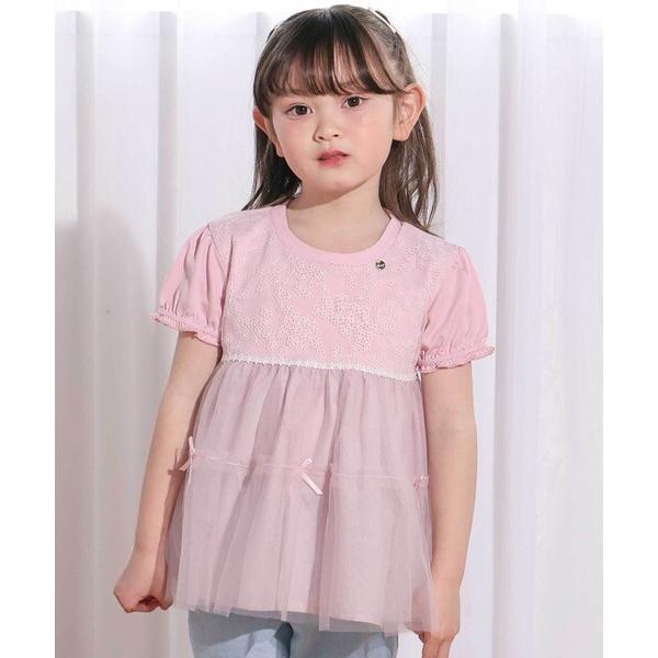 ZOZO問い合わせ番号:105311202ショップ:BEBE ONLINE STORE，ベベ オンラインストアブランド:SLAP SLIP，スラップスリップ商品名:花柄チュールドッキング天竺Ｔシャツ(80~130cm)カテゴリ:トップス&g...