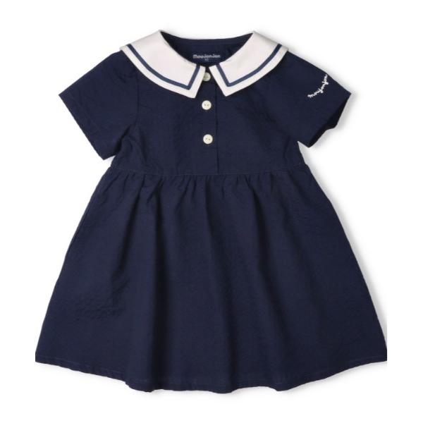 ZOZO問い合わせ番号:105314052ショップ:こどもの森e-shop，コドモノモリイーショップブランド:moujonjon，ムージョンジョン商品名:シアサッカーセーラー衿半袖ワンピースカテゴリ:ワンピース/ドレス>ワンピースブラ...