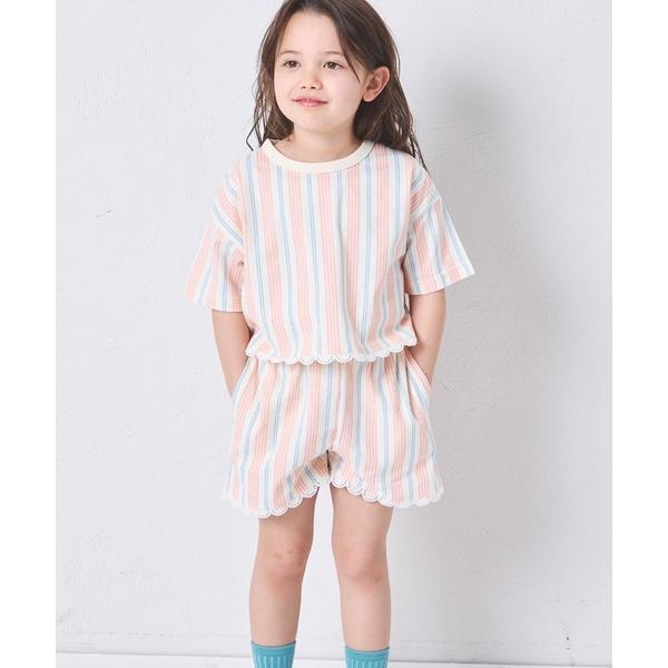 ZOZO問い合わせ番号:105315236ショップ:pairmanon，ペアマノンブランド:pairmanon，ペアマノン，coucou manon，ククゥ マノン商品名:【綿100%】ガールズ ストライプ 裾レース 半袖セットアップカテゴ...