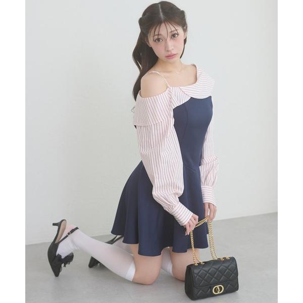 『セール実施中』ZOZO問い合わせ番号:105352353ショップ:Ambre Neige，アンブルネージュブランド:Ambre Neige，アンブルネージュ商品名:striped shirt docking mini dress / スト...