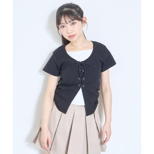 ZOZO問い合わせ番号:105388434ショップ:NARUMIYA ONLINE，ナルミヤ オンラインブランド:LOVETOXIC，ラブトキシック商品名:レースアップテレコ半袖Tカテゴリ:トップス>Tシャツ/カットソーブランド品番:...