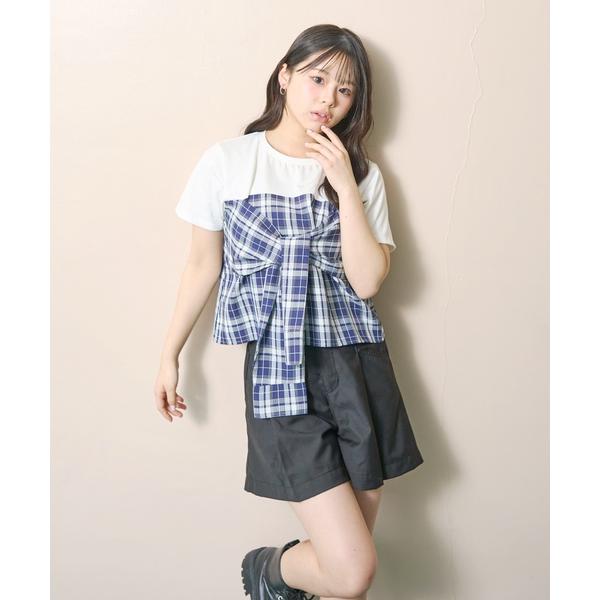 ZOZO問い合わせ番号:105388449ショップ:NARUMIYA ONLINE，ナルミヤ オンラインブランド:LOVETOXIC，ラブトキシック商品名:サマ見えベアスリーブチェックドッキング半袖Tカテゴリ:トップス>Tシャツ/カッ...