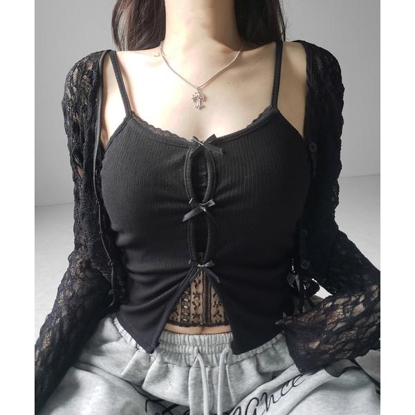 ZOZO問い合わせ番号:105426531ショップ:me+em select，ミームセレクトブランド:me+em select，ミームセレクト商品名:【 ３color 】フロントリボンレースレイヤードリブキャミソール ／Front ribb...