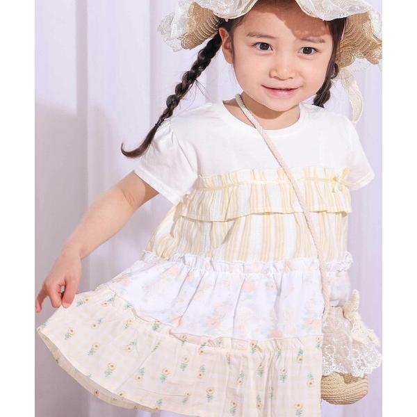 ZOZO問い合わせ番号:105504563ショップ:BEBE ONLINE STORE，ベベ オンラインストアブランド:SLAP SLIP，スラップスリップ商品名:【お揃い】ストライプ総柄切り替えティアード天竺半袖Tシャツ(80~130cm...