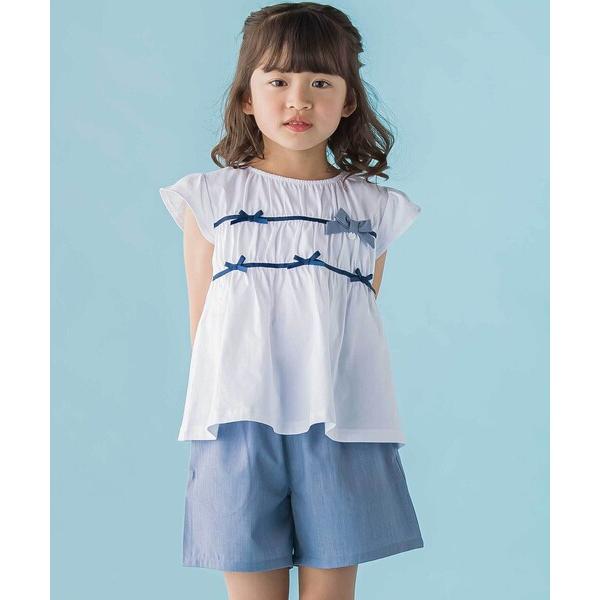 ZOZO問い合わせ番号:105545644ショップ:BEBE ONLINE STORE，ベベ オンラインストアブランド:BeBe Petits Pois Vert，ベベプチポワヴェール商品名:【店舗限定】リボントップス＋キュロットパンツセッ...