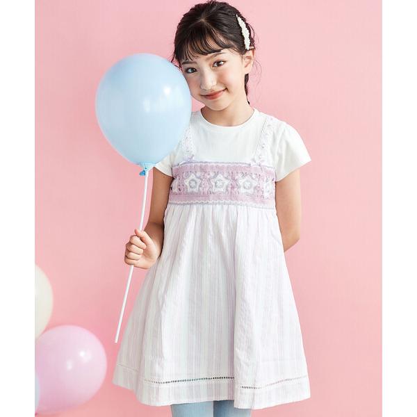 ZOZO問い合わせ番号:105545655ショップ:BEBE ONLINE STORE，ベベ オンラインストアブランド:SLAP SLIP，スラップスリップ商品名:【お揃い】かぎ編み風レースビスチェドッキング天竺ワンピース(80~130cm...