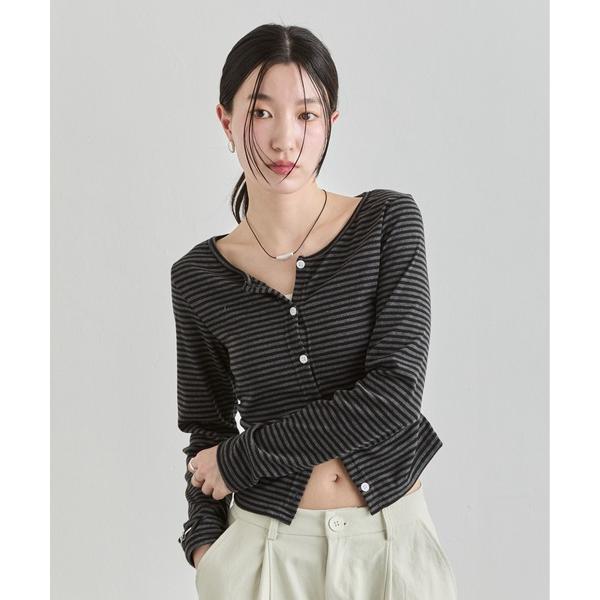 ZOZO問い合わせ番号:105590362ショップ:Avenue，アヴェニューブランド:NUJOH，ヌゾ商品名:Stripe Button Top / ボーダーボタンカットソートップスカテゴリ:トップス>Tシャツ/カットソーブランド品...