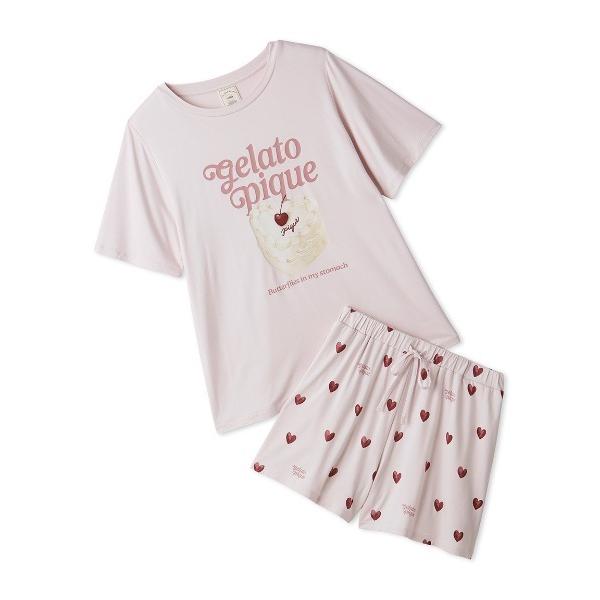 ZOZO問い合わせ番号:106056312ショップ:gelato pique，ジェラート　ピケブランド:gelato pique，ジェラートピケ商品名:【ONLINE限定】【接触冷感】ケーキワンポイントTシャツ＆ハート柄ショートパンツセット...