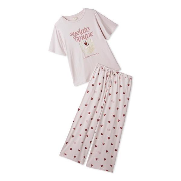 ZOZO問い合わせ番号:106056313ショップ:gelato pique，ジェラート　ピケブランド:gelato pique，ジェラートピケ商品名:【ONLINE限定】【接触冷感】ケーキワンポイントTシャツ＆ハート柄ロングパンツセットカ...