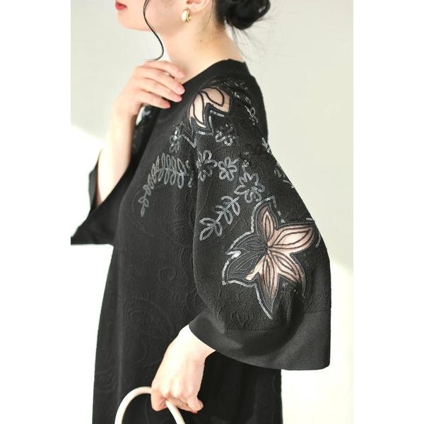 ZOZO問い合わせ番号:106137396ショップ:FRENCH PAVE，フレンチパヴェブランド:CAWAII，カワイイ商品名:（黒）スパンコールの花咲くニットミディアムワンピースカテゴリ:ワンピース/ドレス>ワンピースブランド品番...