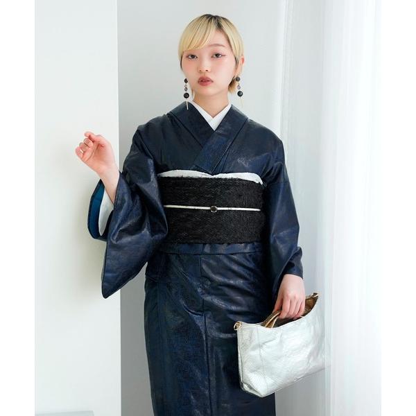ZOZO問い合わせ番号:106250839ショップ:utatane，ウタタネブランド:utatane，ウタタネ商品名:着物 単衣 ニコアンティーク レザー調きもの ネイビー×黒カテゴリ:水着/着物・浴衣>着物ブランド品番:513261...
