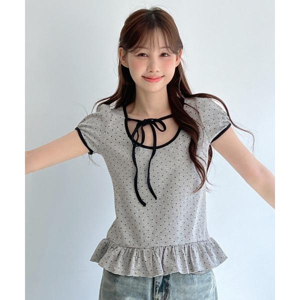 ZOZO問い合わせ番号:106291087ショップ:by muni:r，バイ ムニールブランド:by muni:r，バイ ムニール商品名:[ドットリボンシリーズ半袖が登場!][着用動画あり・3色展開]ドットリボンフリル半袖Tシャツ/2026...