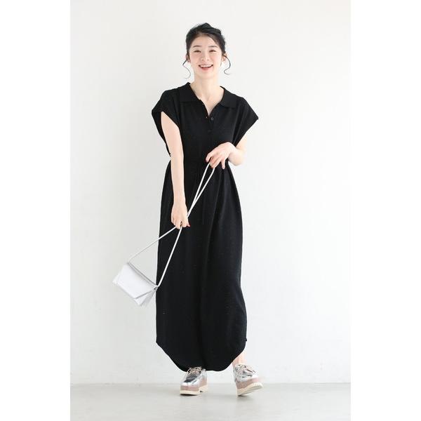 ZOZO問い合わせ番号:106411619ショップ:FRENCH PAVE，フレンチパヴェブランド:CAWAII，カワイイ商品名:（黒）全面に瞬くビジューのポロシャツロングワンピース（紐ベルト付き）カテゴリ:ワンピース/ドレス>ワンピ...