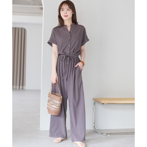 ZOZO問い合わせ番号:106524157ショップ:PREFERIR，プレフェリールブランド:PREFERIR，プレフェリール商品名:きれい見え落ち感素材｜細見えウエストシャーリングオールインワン｜キーネック 体型カバー ワイドパンツ（S/...